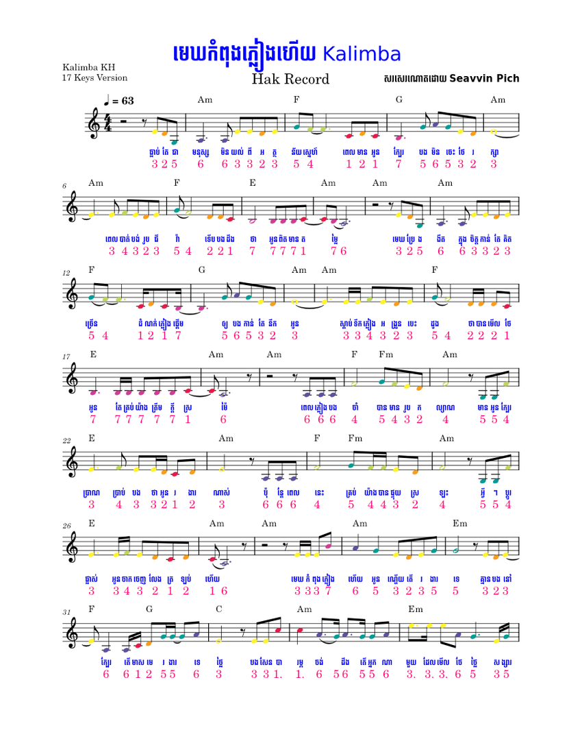 មេឃកំពុងភ្លៀងហើយ Kalimba Sheet music for Piano (Solo) Easy | Musescore.com