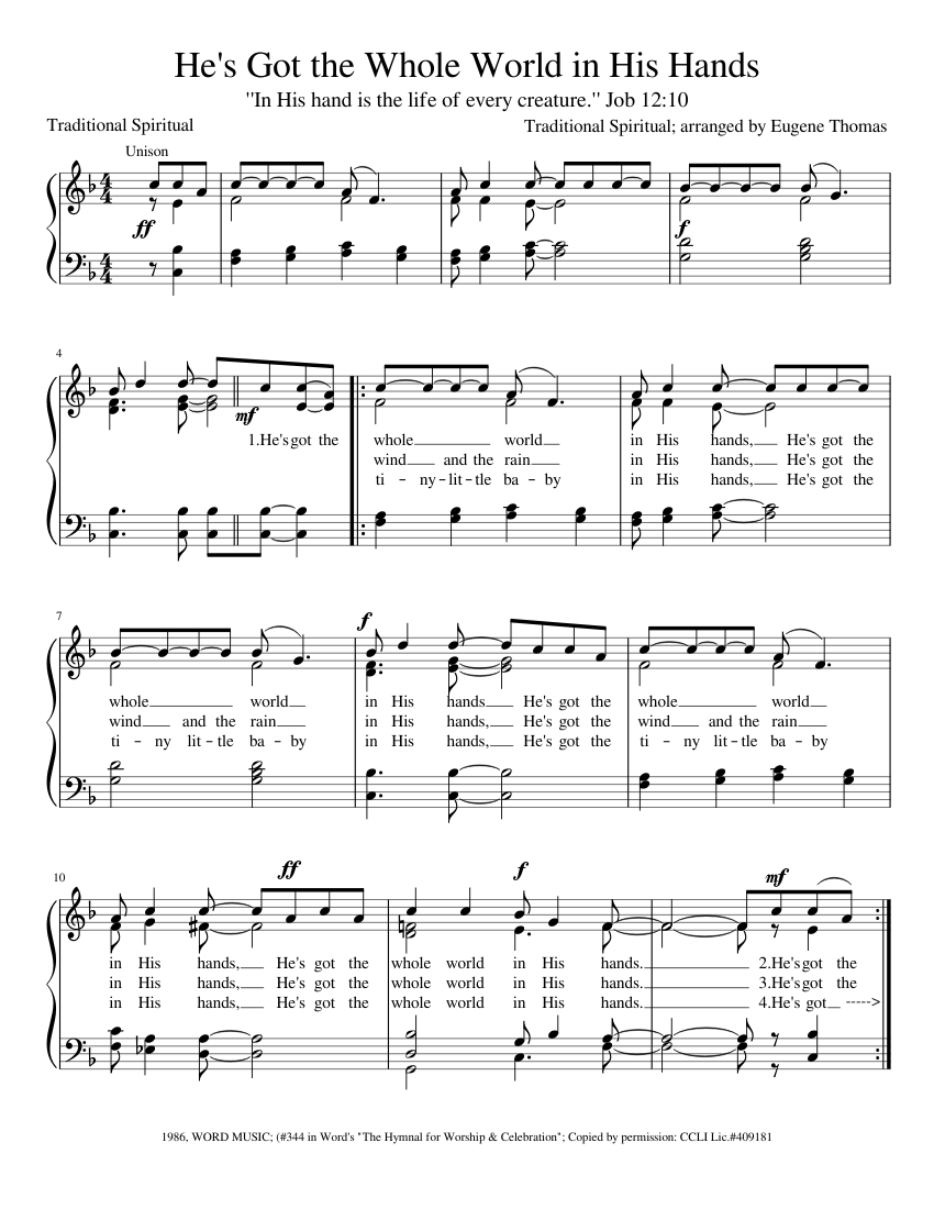 He's Got the Whole World in His Hands Sheet Music for Piano (Solo) easy ...