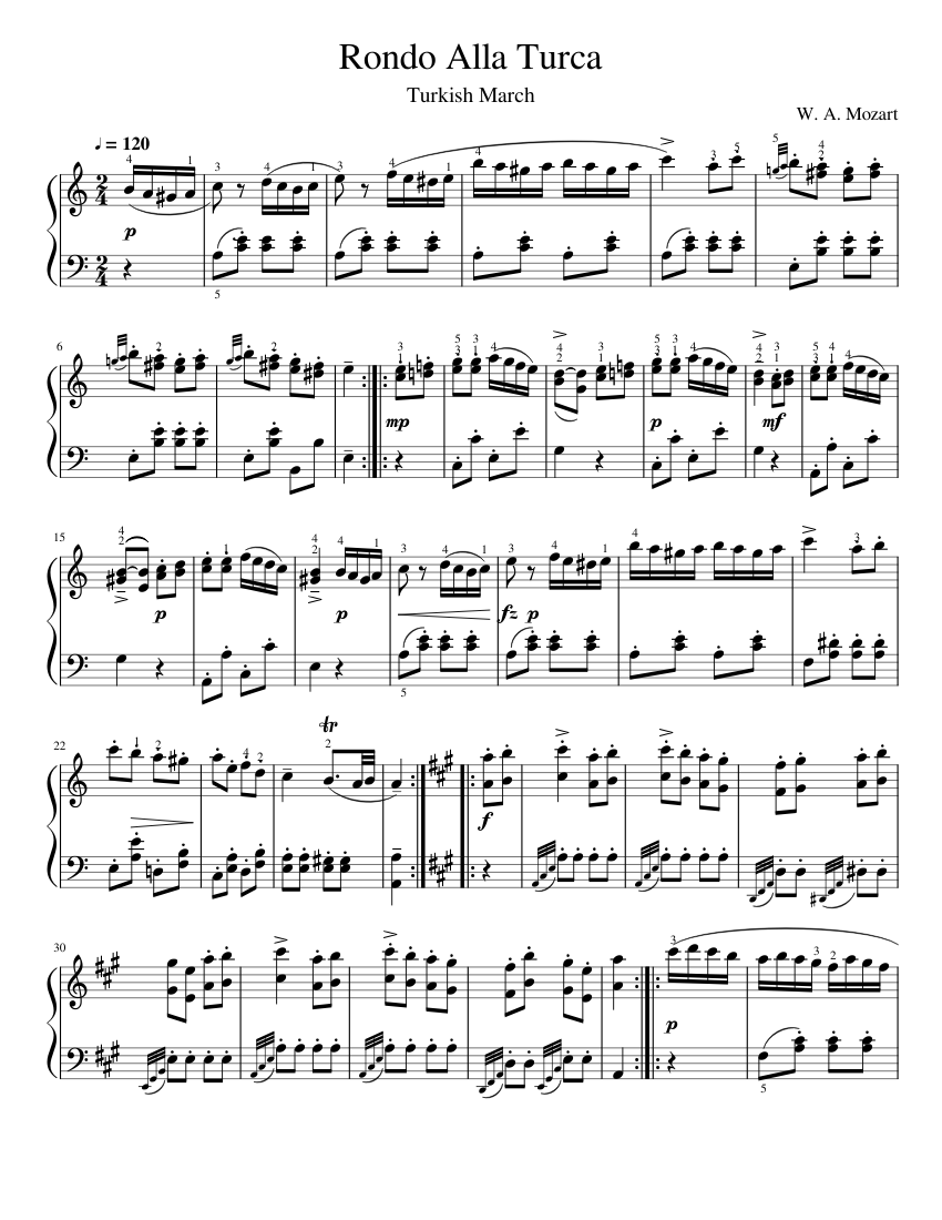 Rondo Alla Turca (Turkish March) in A Major Sheet music for Piano (Solo ...