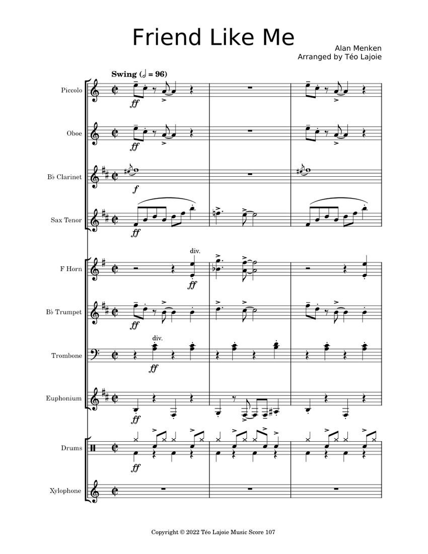 Friend Like Me Sheet Music for Trombone, Euphonium, Flute piccolo, Oboe ...