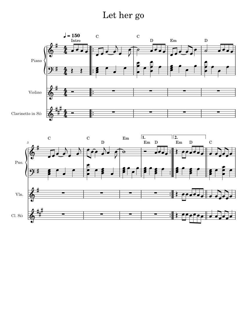 Let her go – Passenger Sheet Music for Piano, Clarinet in b-flat ...