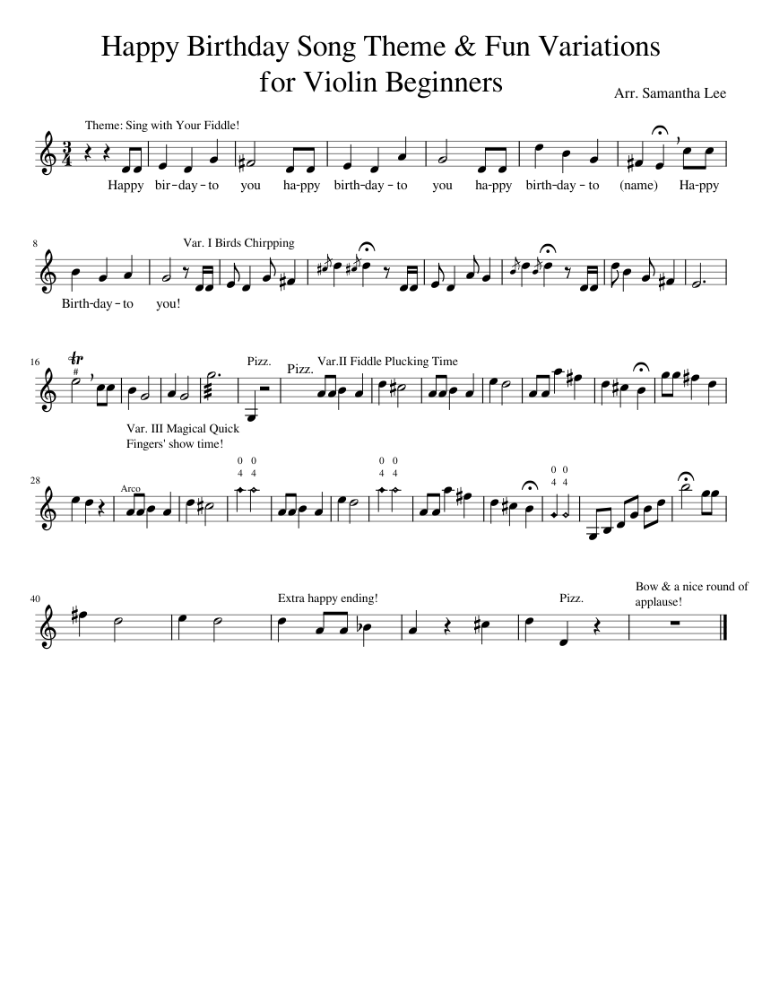 Happy Birthday Song Theme & Fun Variations for Violin Beginners Sheet ...