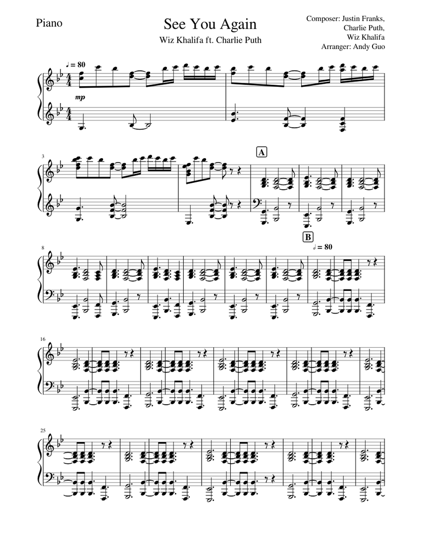See You Again - Piano Instrumental Sheet Music for Piano (Solo) Easy ...