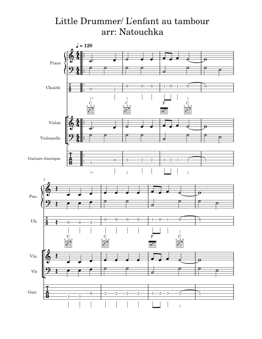 Little Drummer Sheet Music and Tab with Chords for Piano, Violin, Cello ...
