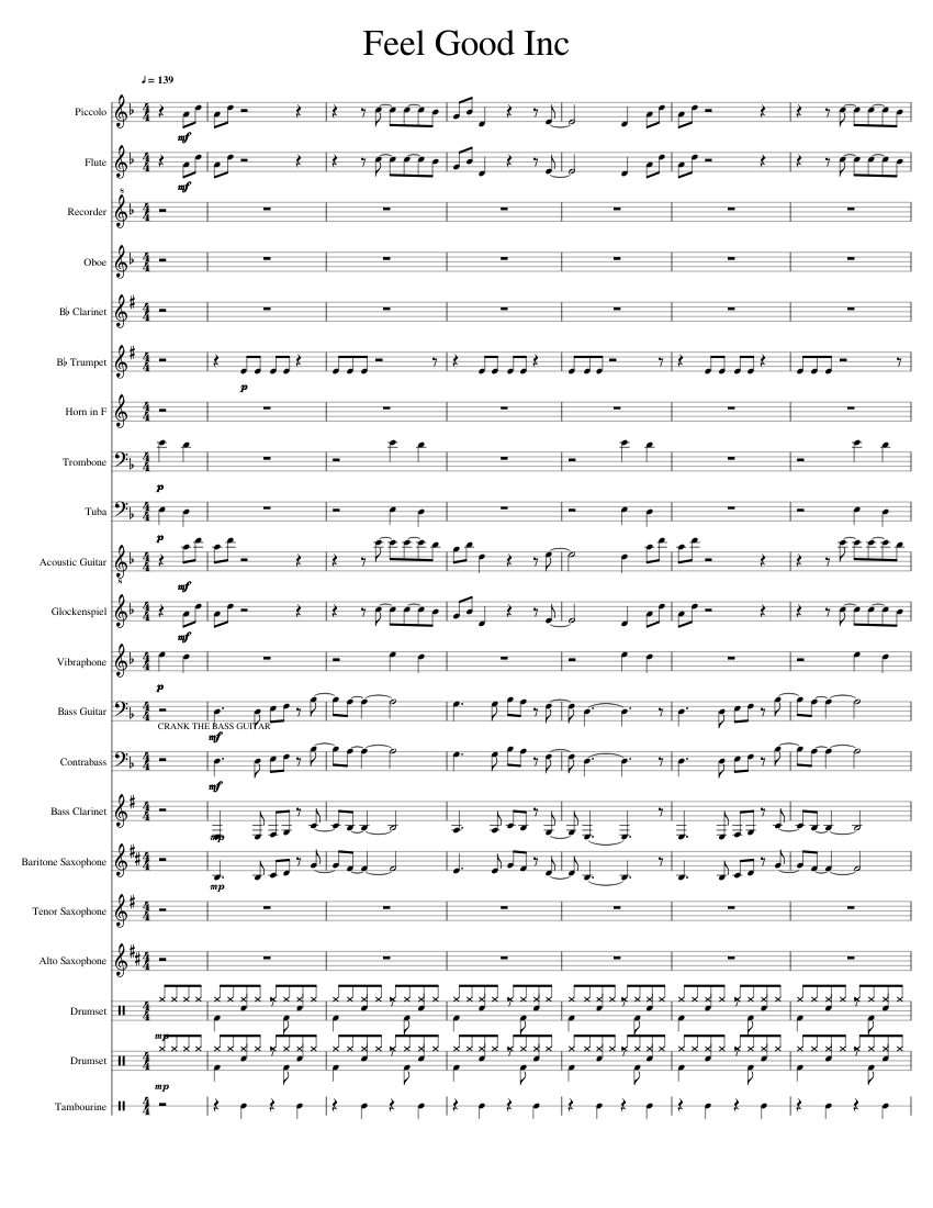 Feel Good Inc Sheet Music for Trombone, Tuba, Tambourine, Flute piccolo ...
