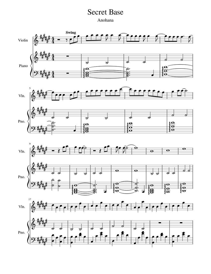 Secret Base Sheet Music for Piano, Violin (Piano-Voice) | MuseScore.com