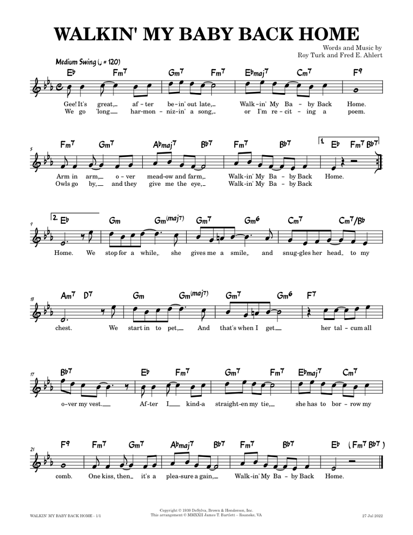 Walkin' My Baby Back Home [lead sheet -Eb] Sheet Music with Chords for ...