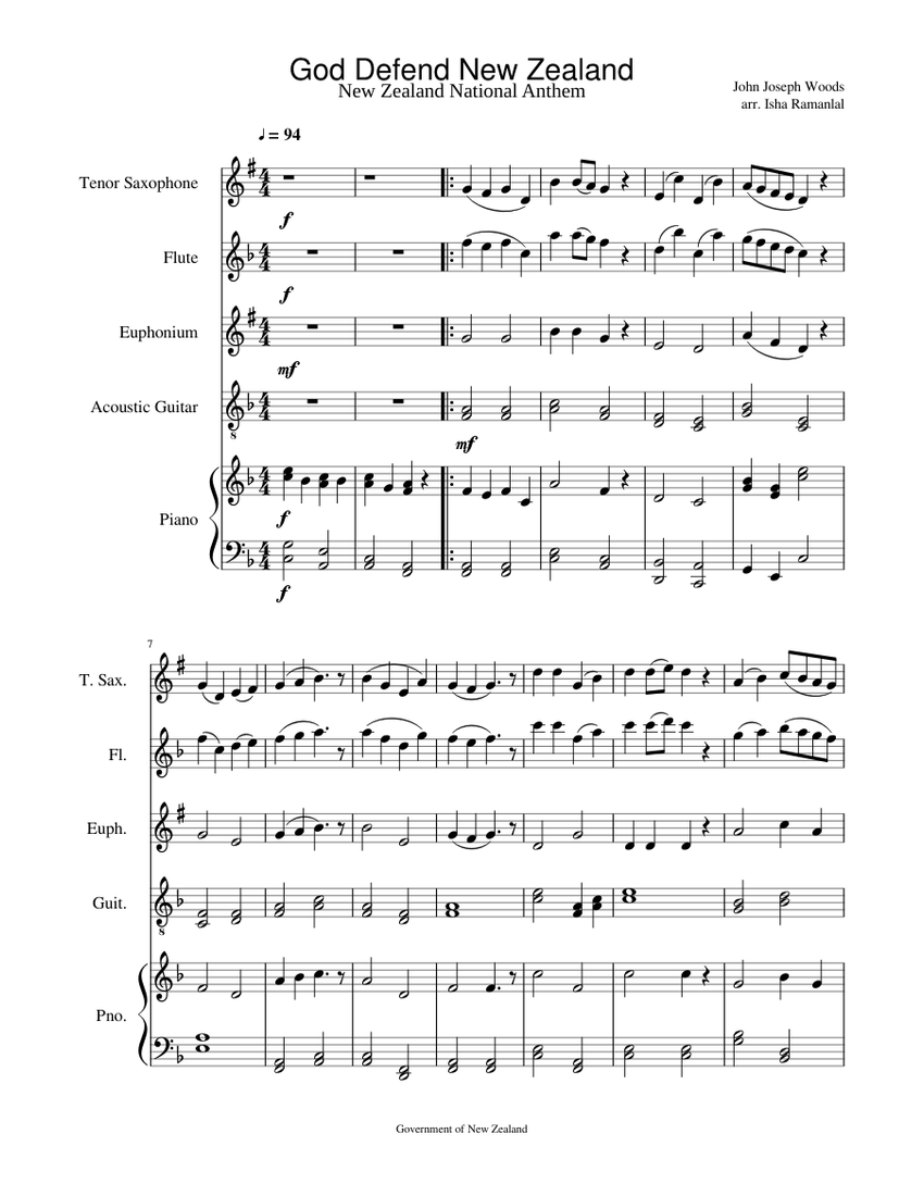 God Defend New Zealand Sheet music for Piano, Euphonium, Flute ...