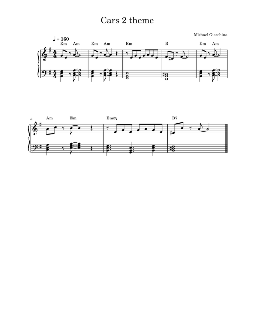 Cars 2 Main Theme Sheet Music with Chords for Piano (Solo) easy ...