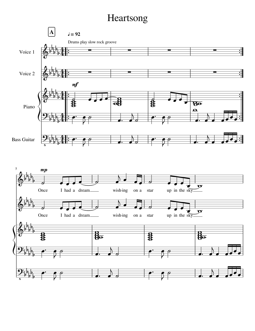 Heartsong Sheet Music for Piano, Soprano, Alto, Bass guitar (Mixed ...