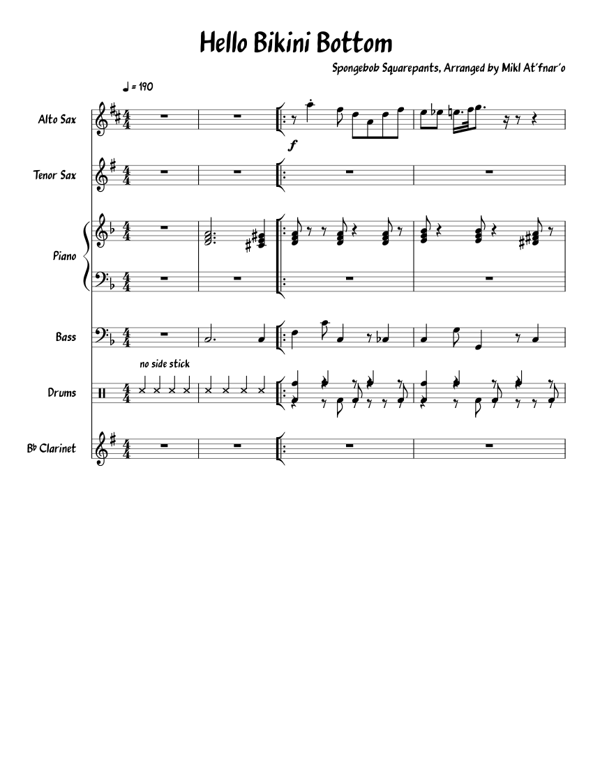 Spongebob Hello Bikini Bottom Sheet Music for Piano, Trombone, Clarinet ...