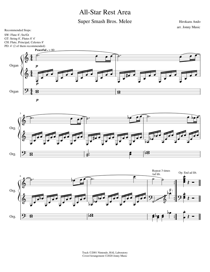 All-Star Rest Area (Super Smash Bros. Melee) Organ Cover Sheet music ...