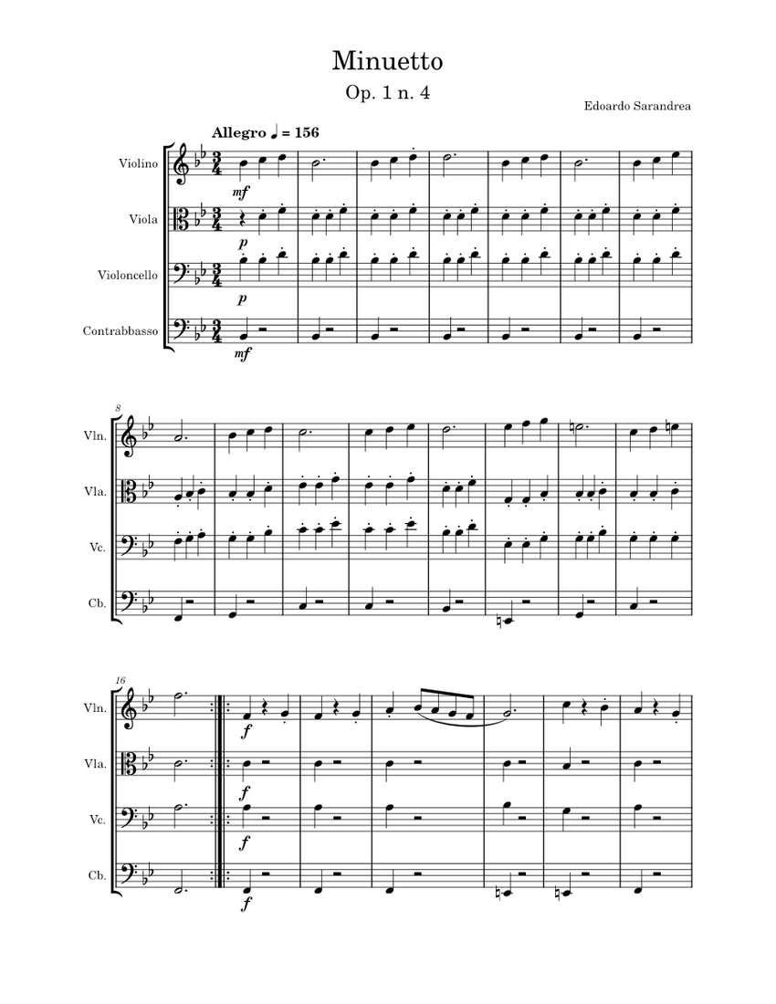 Minuetto Op. 1 Sheet music for Contrabass, Violin, Viola, Cello (Mixed ...