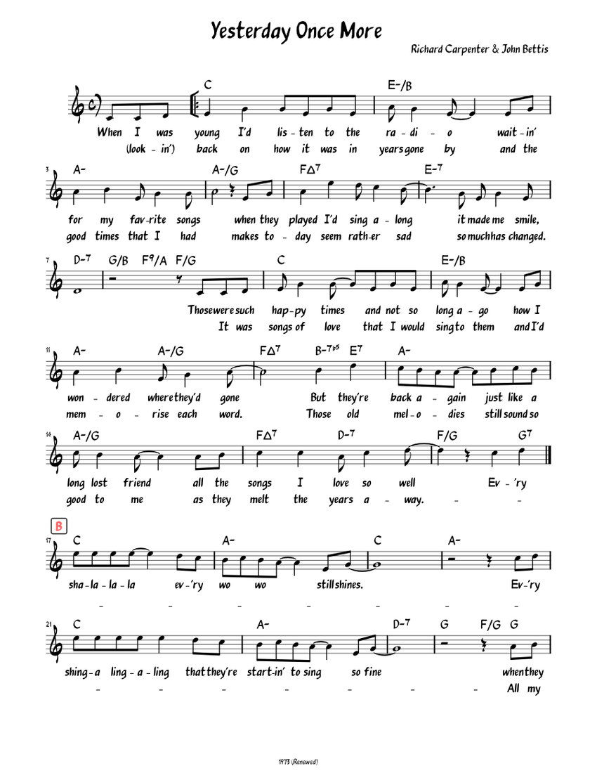 Yesterday Once More (Lead sheet with lyrics ) Sheet Music with Chords ...