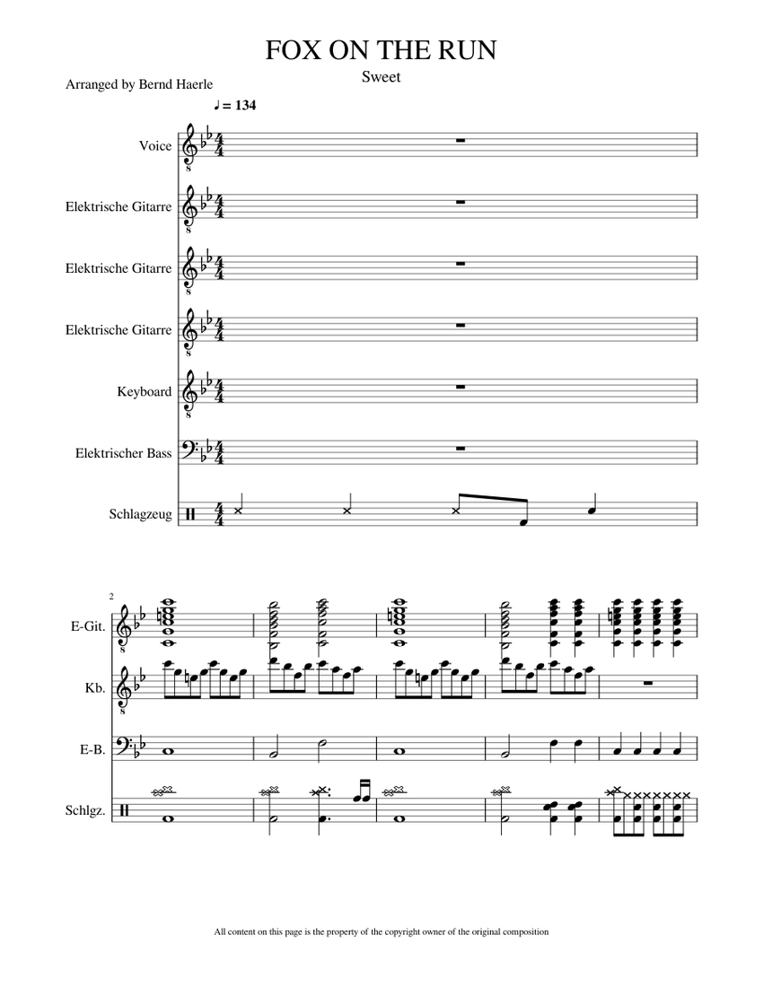 FOX ON THE RUN Sheet Music for Guitar, Bass guitar, Drum group (Rock ...