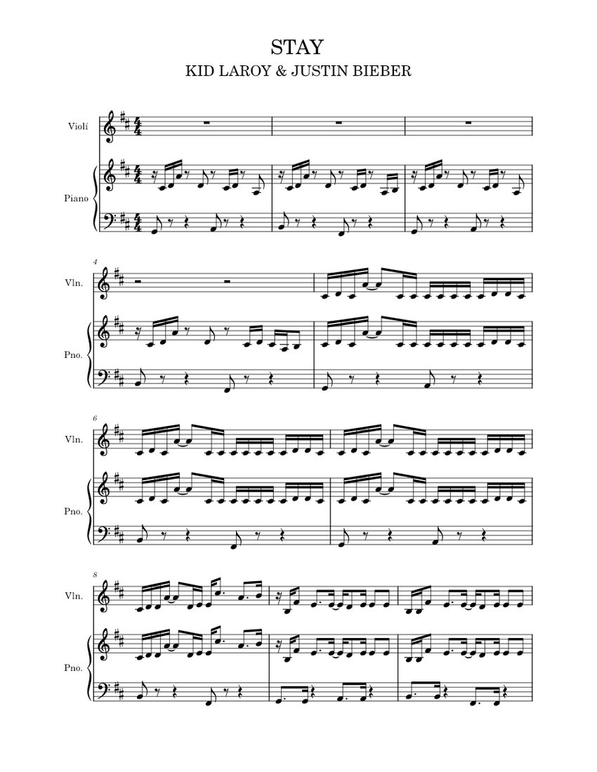 Stay - Justin Bieber Sheet Music for Piano, Violin (Solo) | MuseScore.com