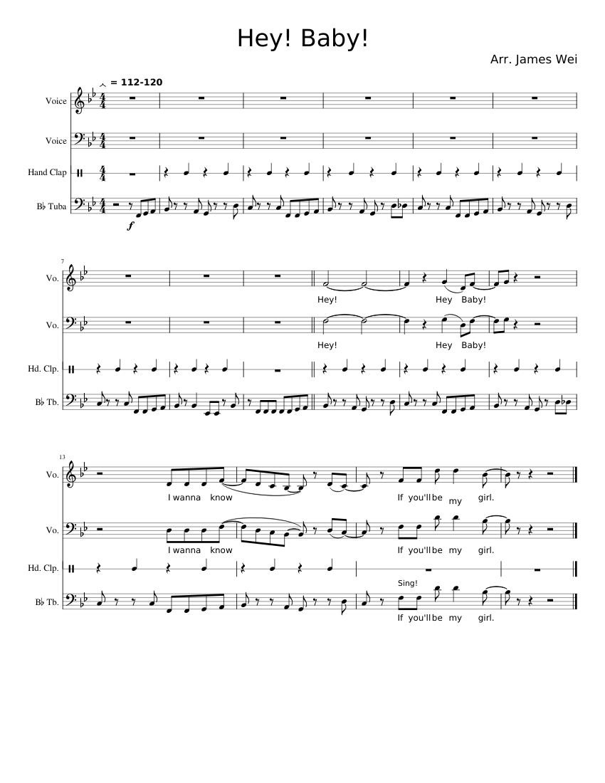 Hey! Baby! Sheet music for Tuba, Vocals, Hand clap (Mixed Quartet ...