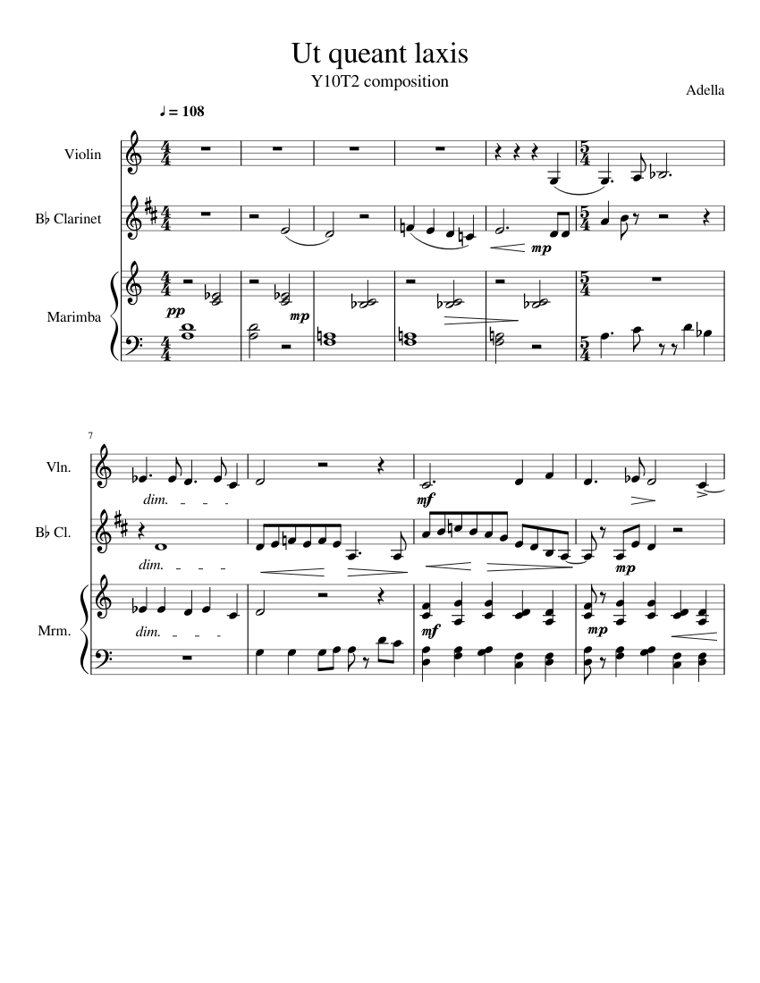 Ut queant laxis Sheet Music for Clarinet in b-flat, Violin, Marimba ...