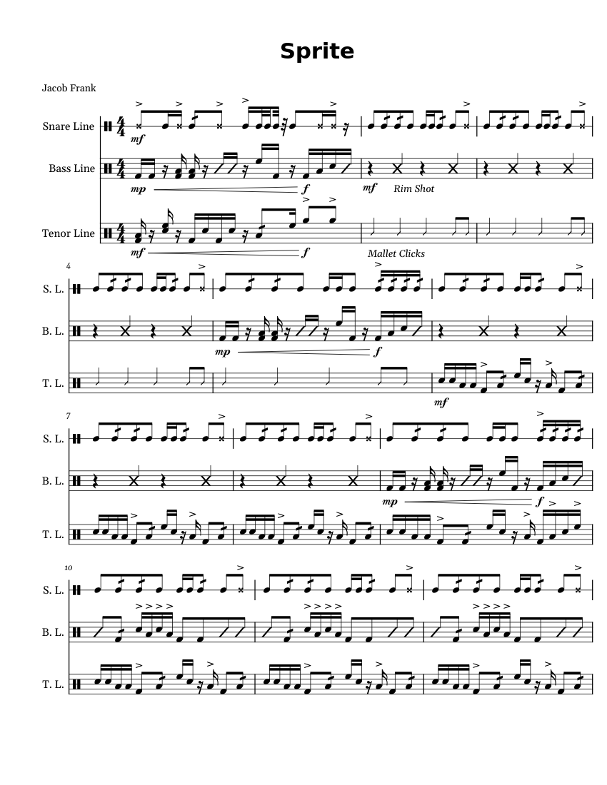 Sprite (Drumline Cadence) Sheet music for Snare drum, Tenor drum, Bass ...