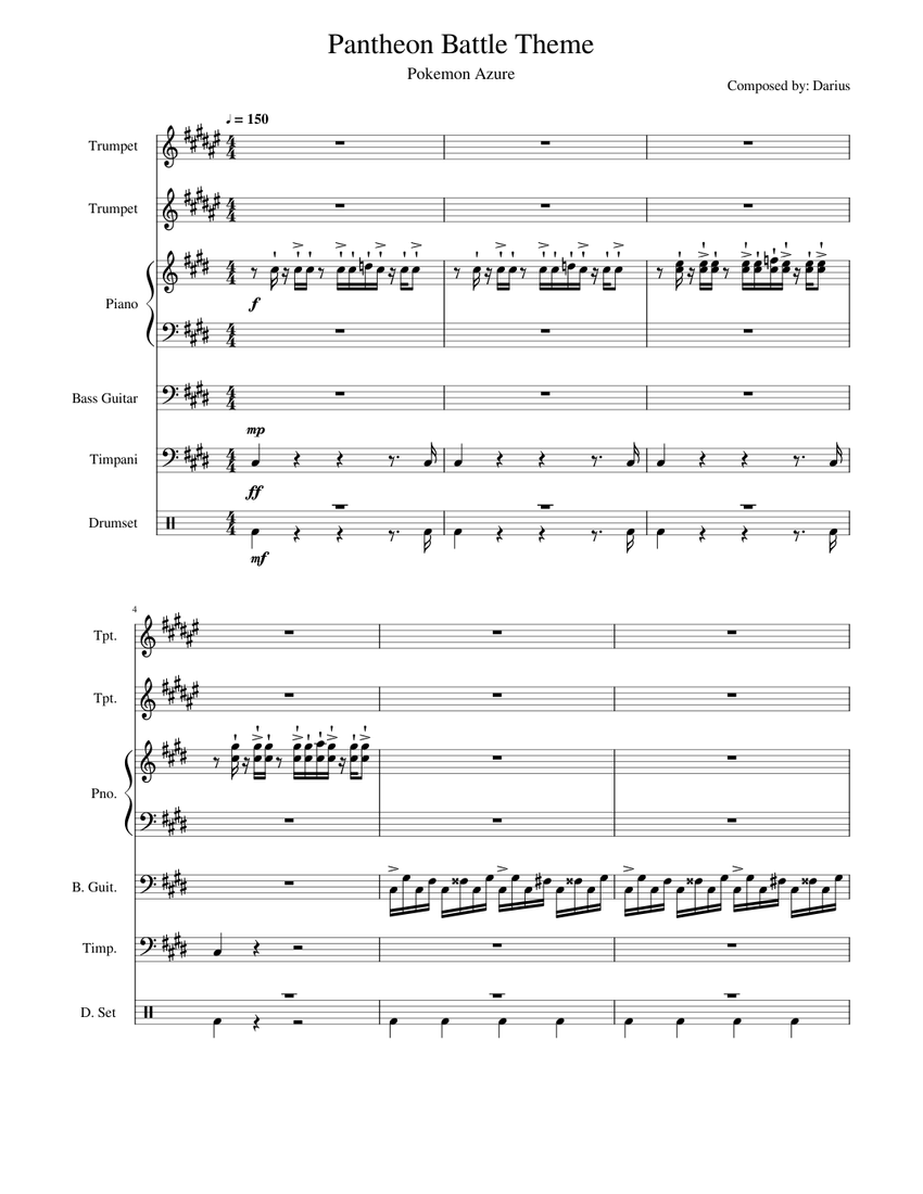 Pantheon Battle Theme Sheet Music for Piano, Timpani, Bass guitar, Drum ...