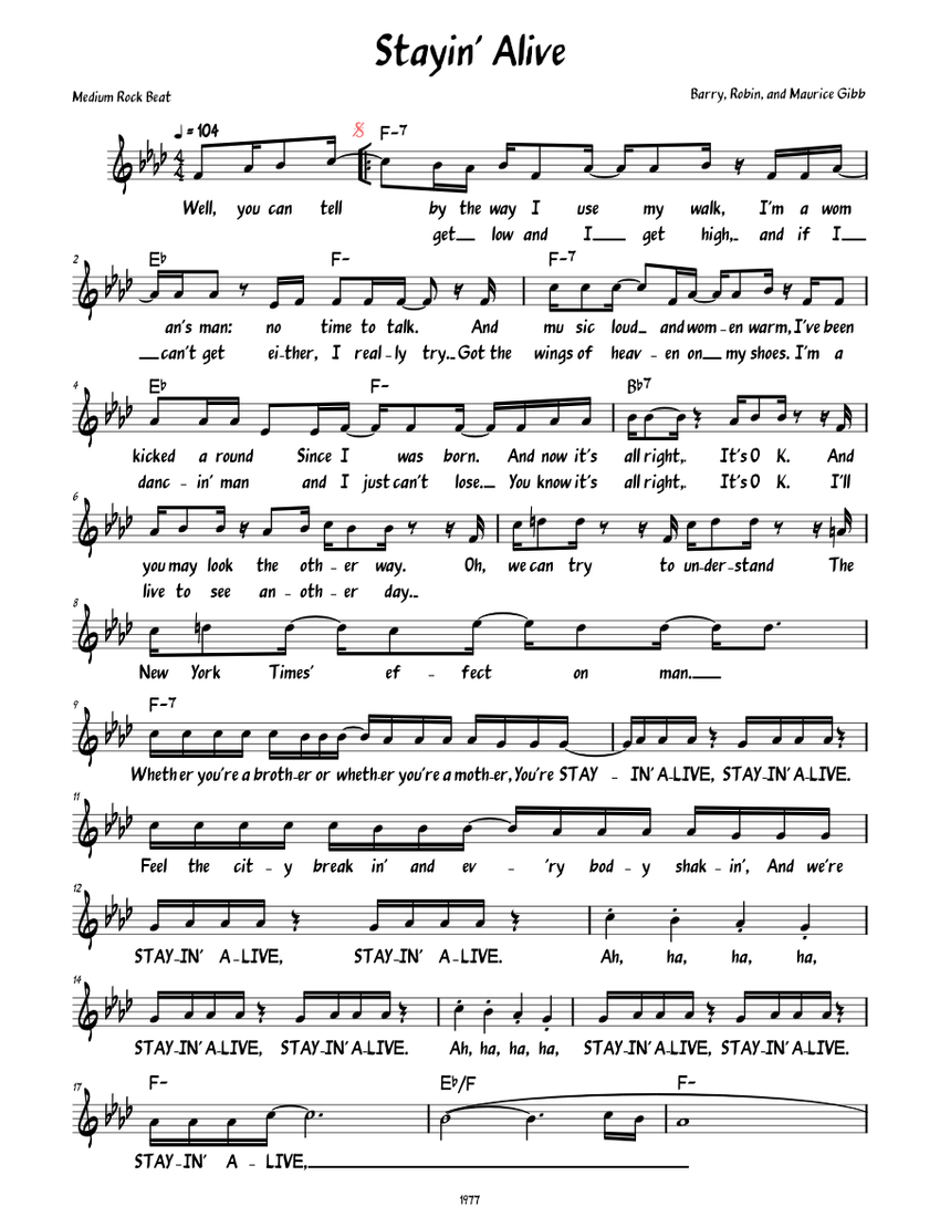Stayin' Alive (Lead sheet with lyrics ) Sheet Music with Chords for ...