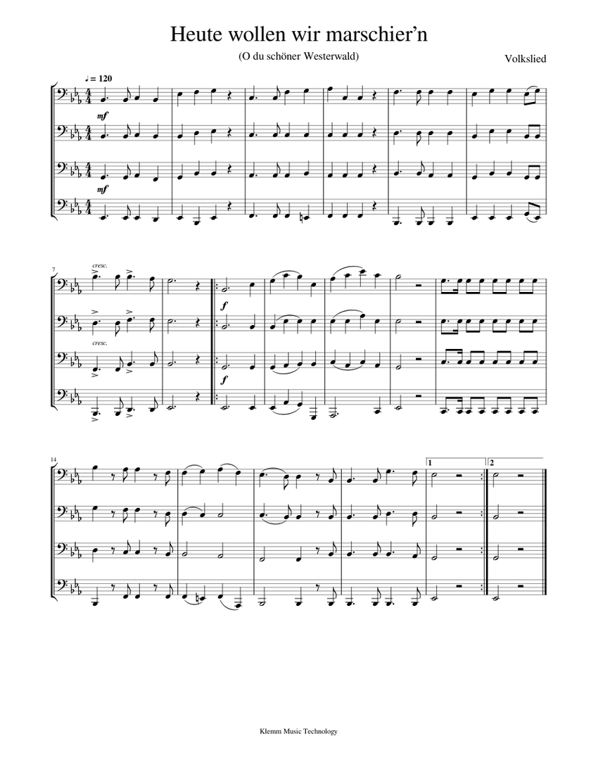 Heute wollen wir (Westerwald) Sheet music for Tenor, Bass voice, Oboe ...