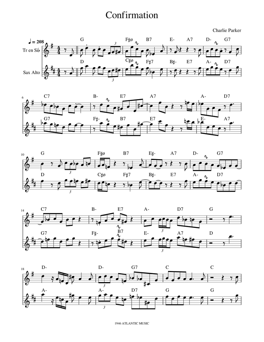 Confirmation - Charlie Parker for Trumpet & Sax Sheet Music with Chords ...