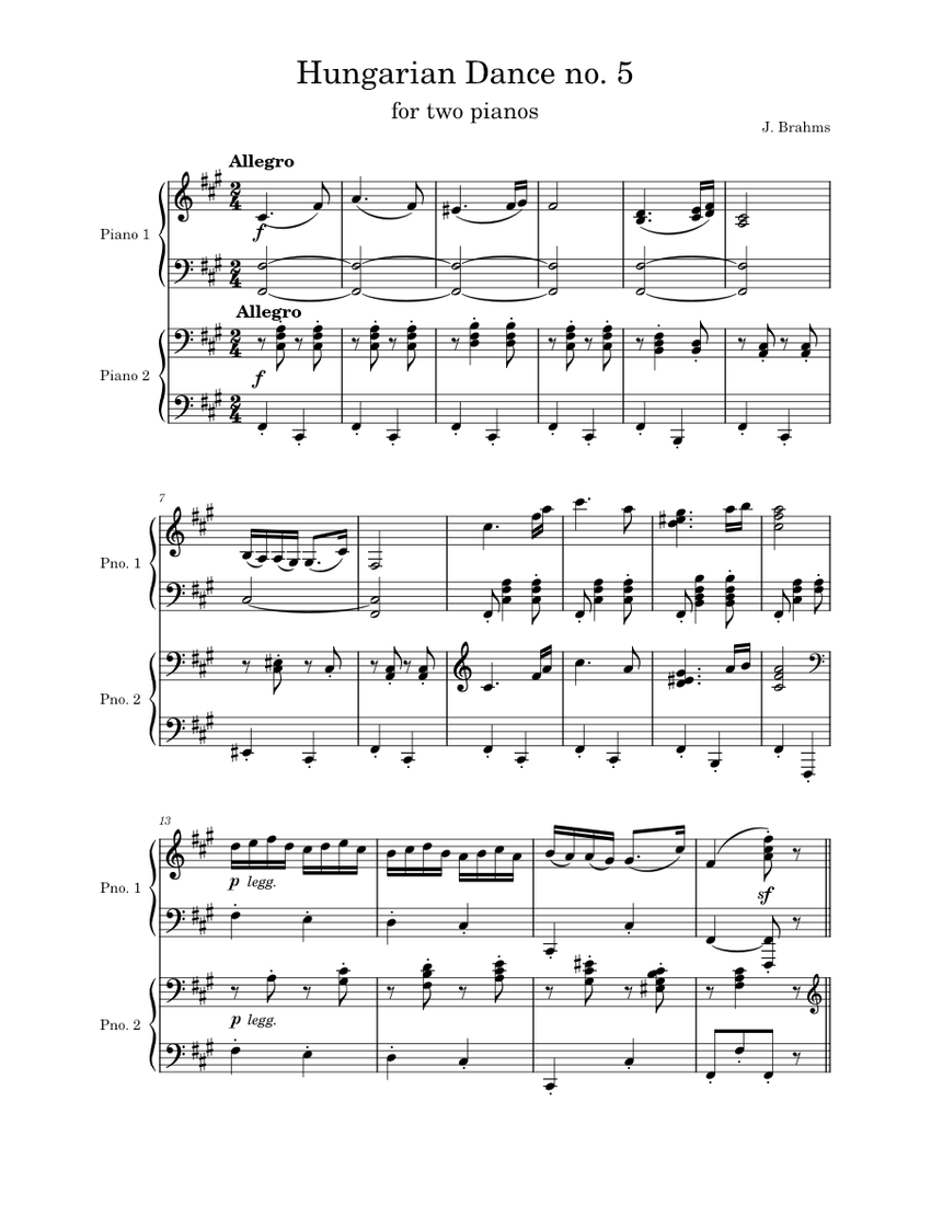 Hungarian dance no. 5 by J. Brahms for two pianos Sheet Music for Piano ...