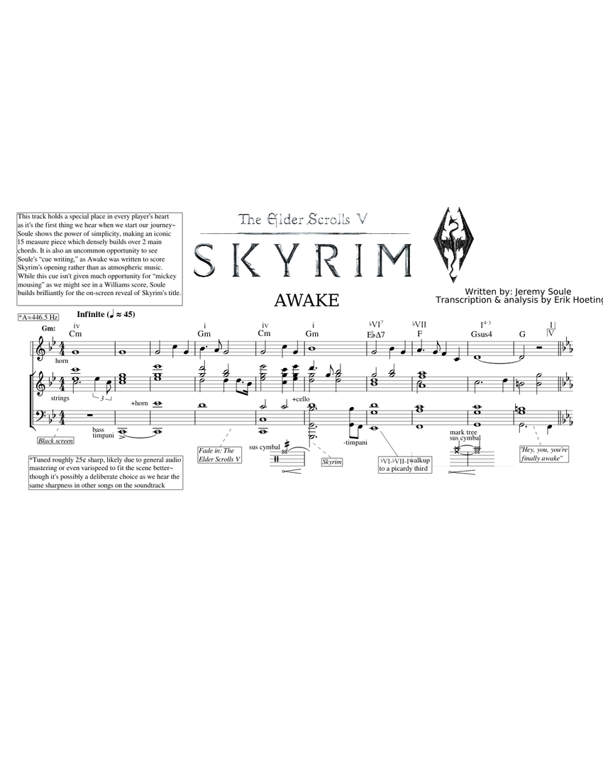 Skyrim: "Awake" -Jeremy Soule (Score Transcription & Analysis) Sheet ...