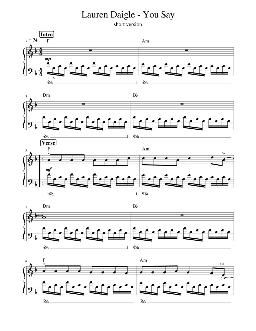 Lauren Daigle - You Say - Easy Piano Sheet Music with Chords for Piano ...