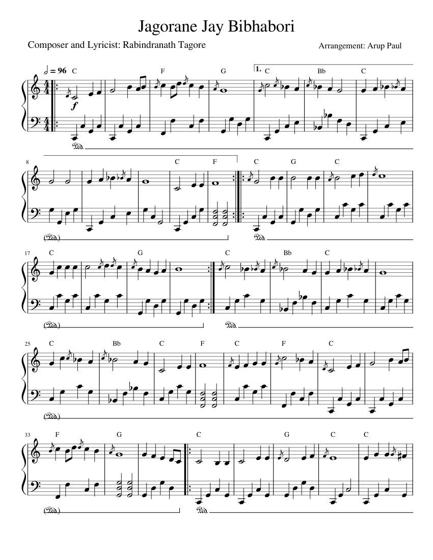Jagorane Jay Bibhabori Rabindra Sangeet Piano Solo Version Staff ...