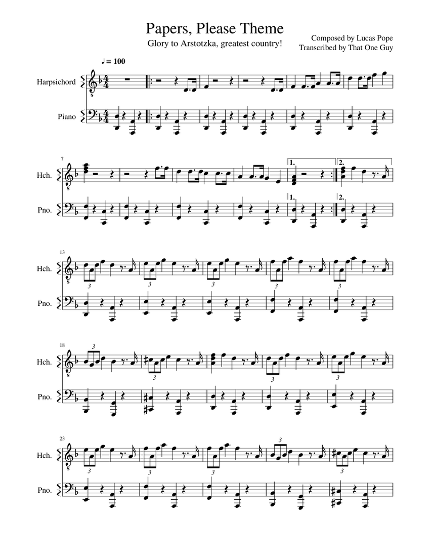 Papers please Theme Sheet music for Piano, Harpsichord (Solo ...