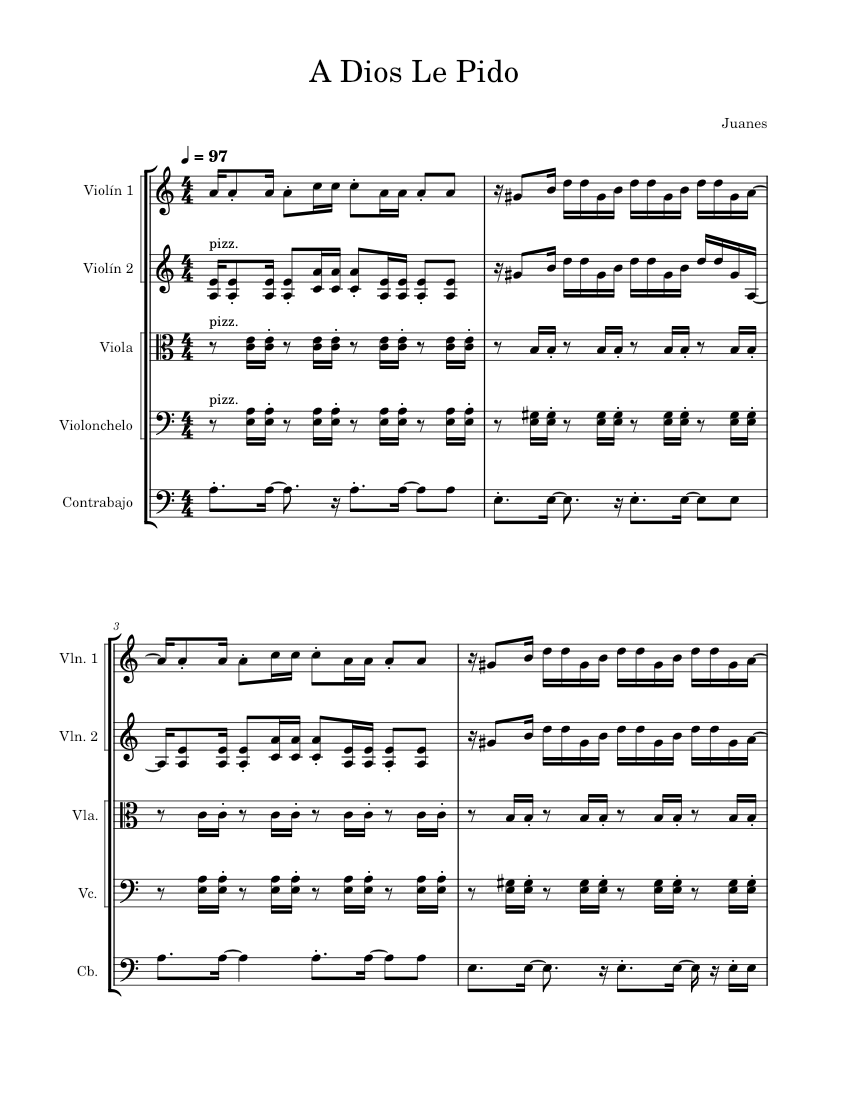 A Dios Le Pido – Juanes Sheet Music for Contrabass, Violin, Viola ...