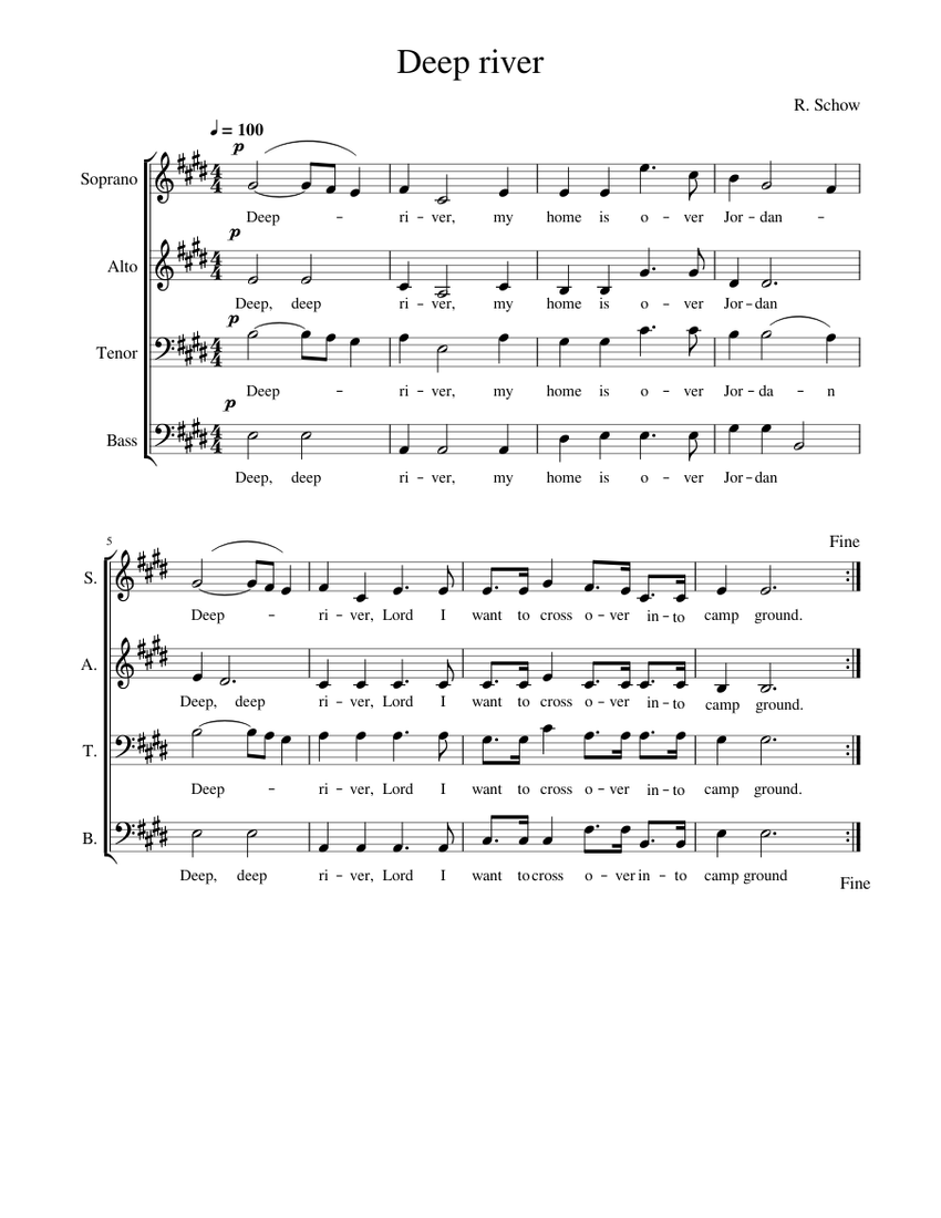 Deep river Sheet Music for Soprano, Alto, Tenor, Bass voice (Choral ...