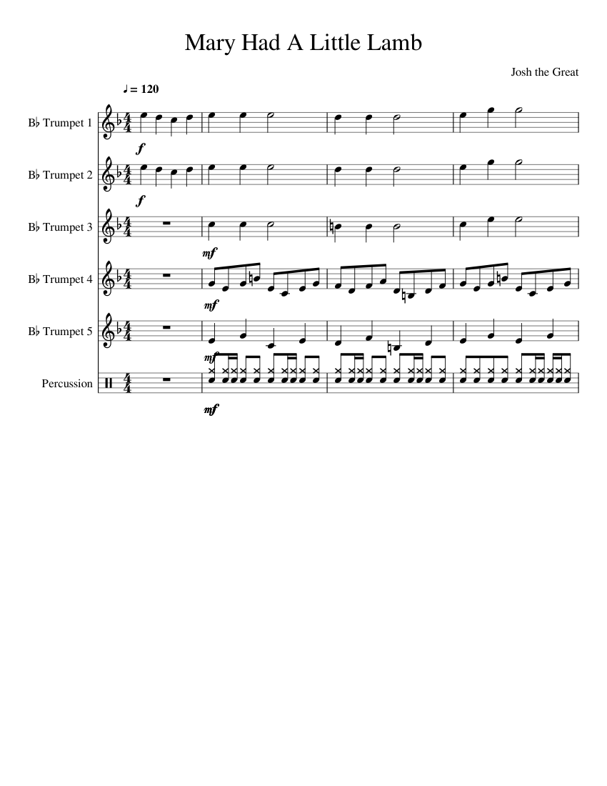 Mary Had A Little Lamb Sheet Music for Trumpet in b-flat, Drum group ...