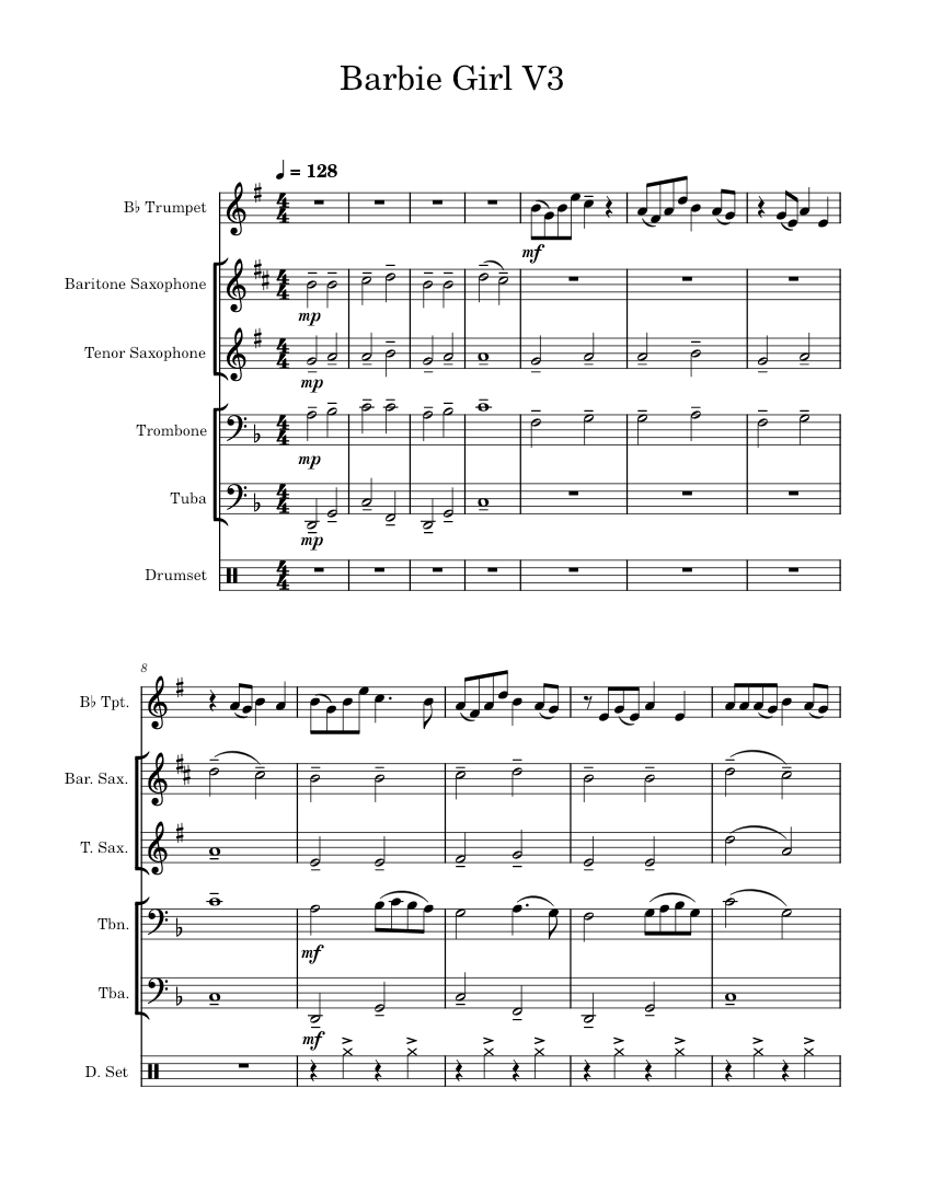 Barbie girl – Aqua Barbie Girl V3 Sheet music for Trombone, Tuba ...