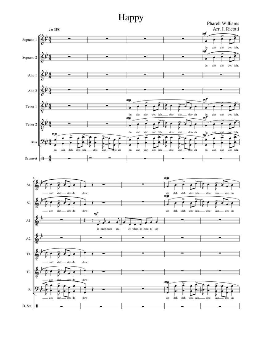 Happy - Pharrell Williams Sheet Music for Soprano, Alto, Tenor, Bass ...