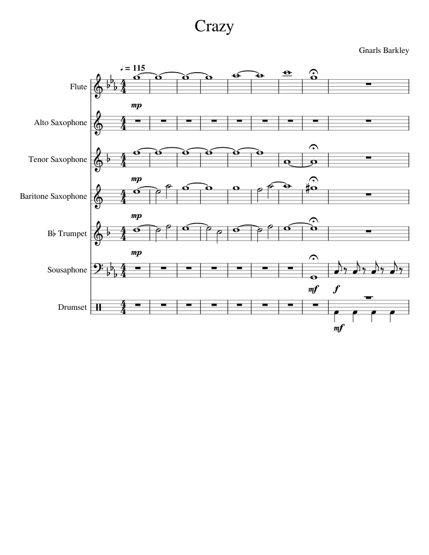 Crazy Sheet Music for Flute, Saxophone alto, Saxophone tenor, Saxophone ...