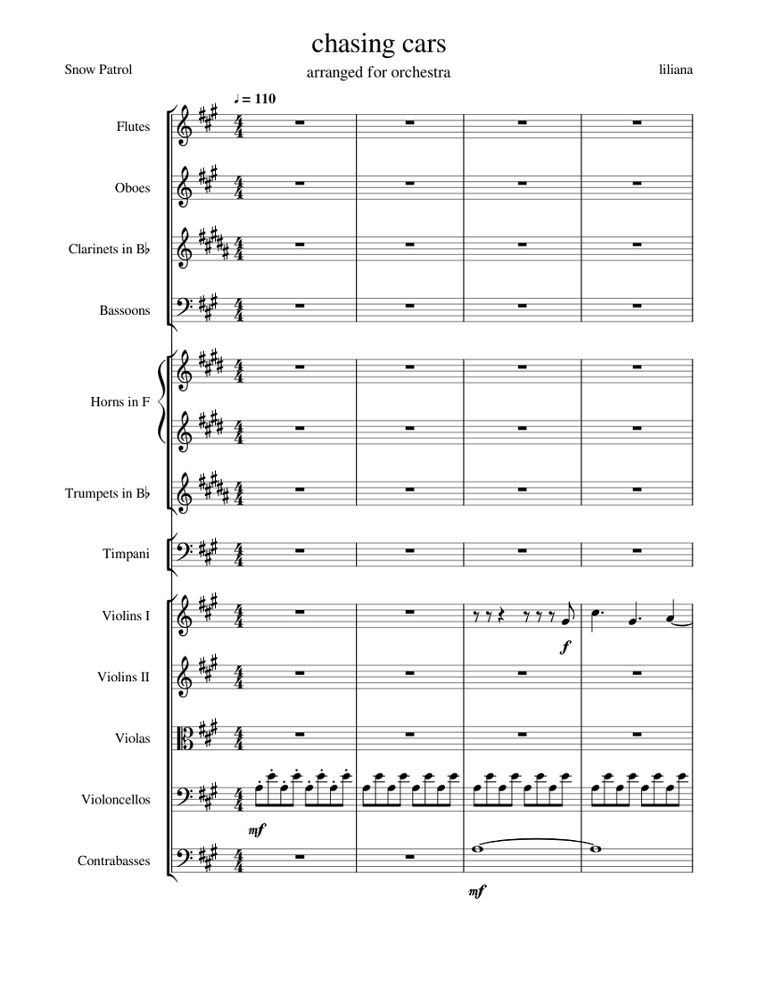Chasing Cars Sheet Music for Flute, Oboe, Clarinet in b-flat, Bassoon ...