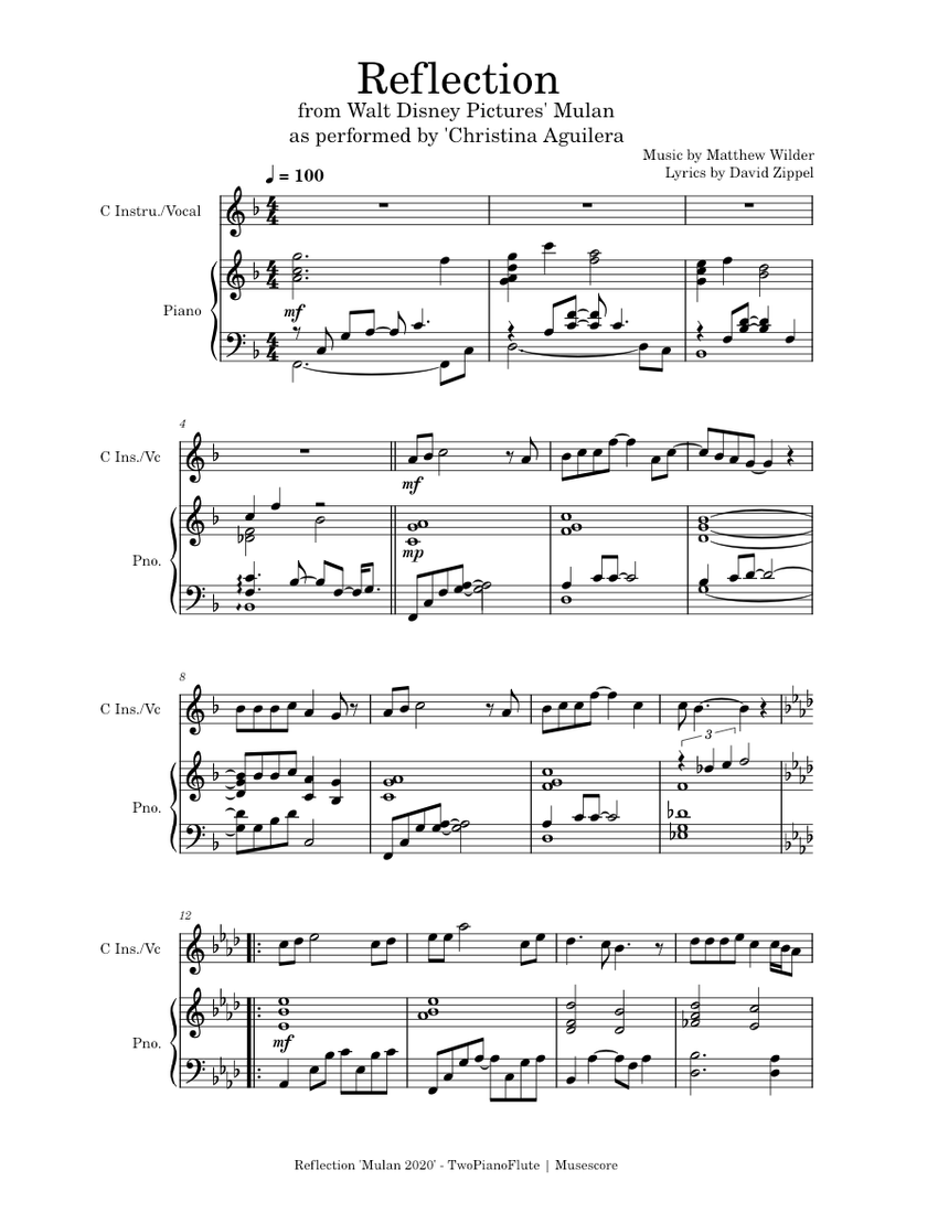 Reflection Mulan 2020 - Free sheet - C instrument & Piano Sheet Music ...