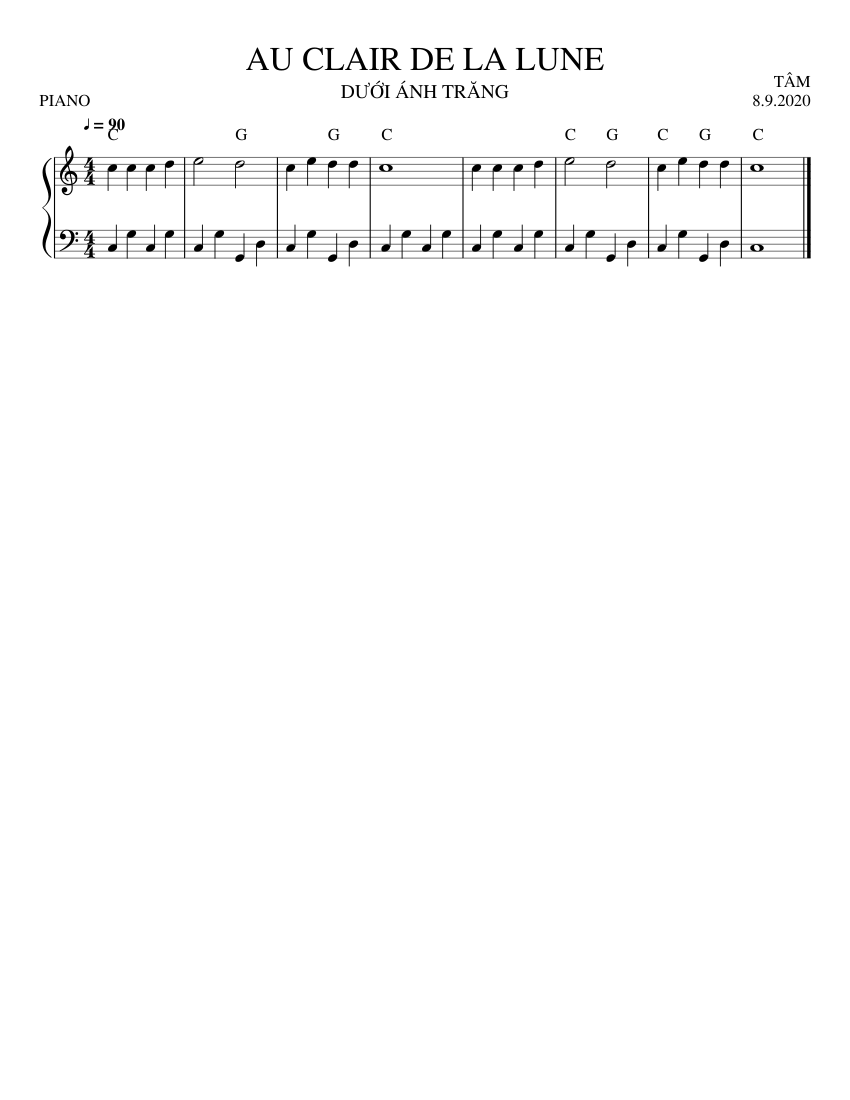 AU CLAIR DE LA LUNE Sheet music for Piano (Piano-Voice) Easy ...