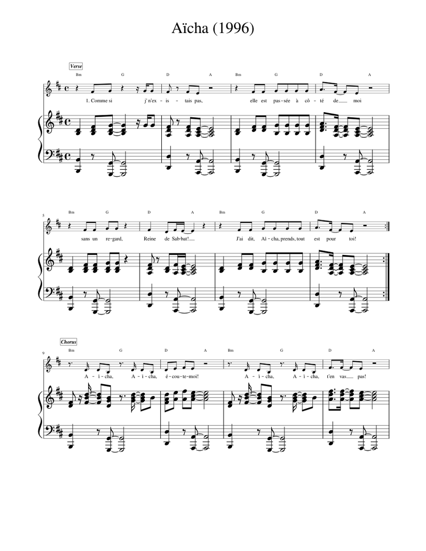 Aïcha Sheet Music with Chords for Piano, Vocals (Solo) | MuseScore.com