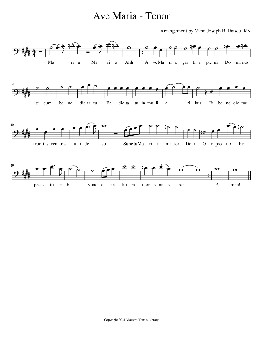 Ave Maria - Tenor by Vann Joseph B. Ibasco, RN Sheet music for Tenor ...