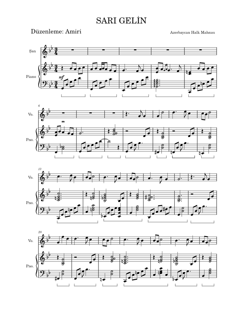 Sari gelin – Misc Traditional Sheet Music for Piano, Vocals (Piano ...