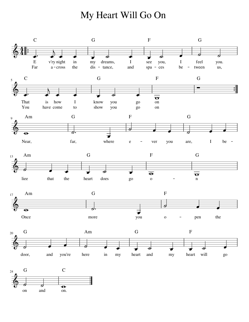 My_Heart_Will_Go_On (Easy/Beginner) LeadSheet Sheet Music with Chords ...