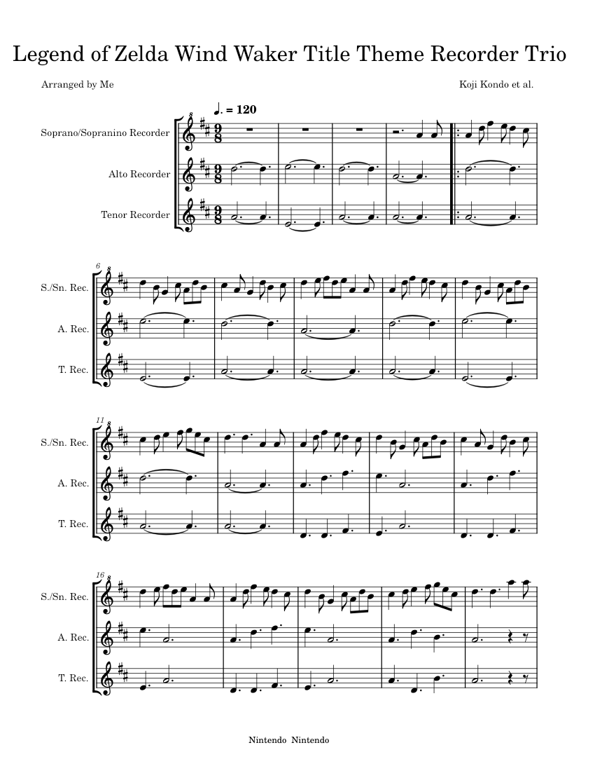Legend of Zelda Wind Waker Title Theme Recorder Trio Sheet Music for ...