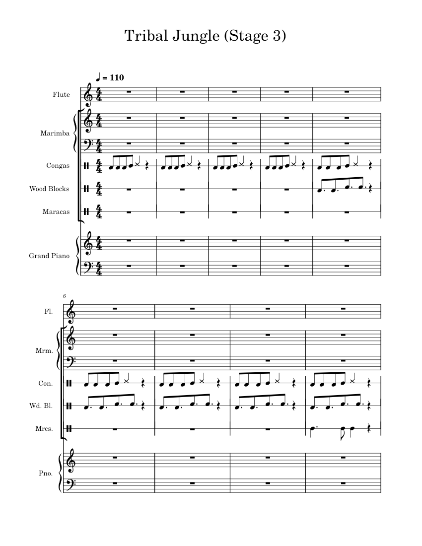 Tribal_Jungle Stage 3 Sheet Music for Piano, Flute, Marimba, Woodblock ...