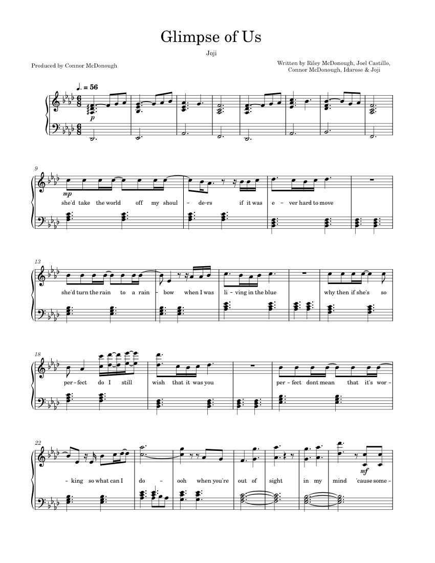 Glimpse Of Us Piano Sheet Music