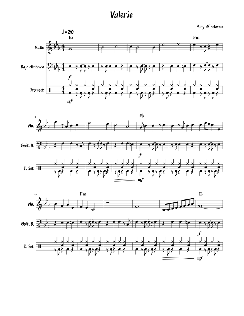 Valerie – Amy Winehouse Sheet Music with Chords for Violin, Bass guitar ...