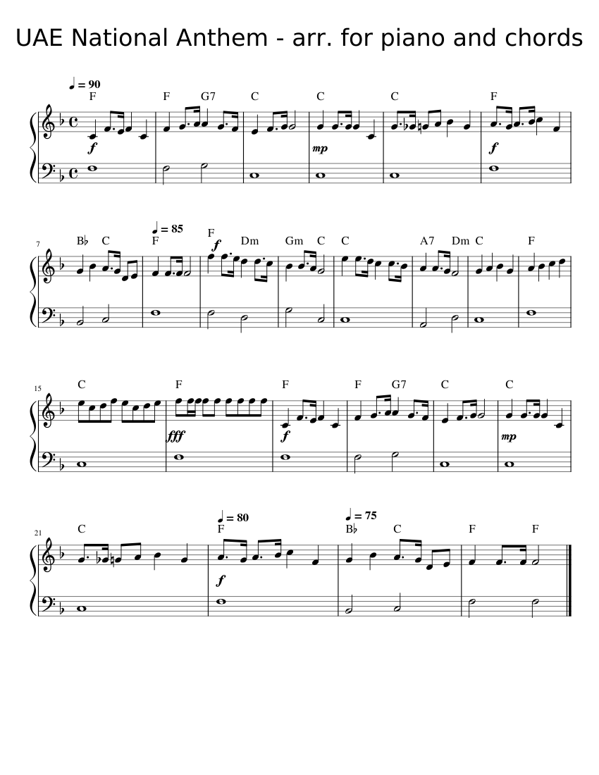 UAE National Anthem - arr. for piano Sheet Music with Chords for Piano ...